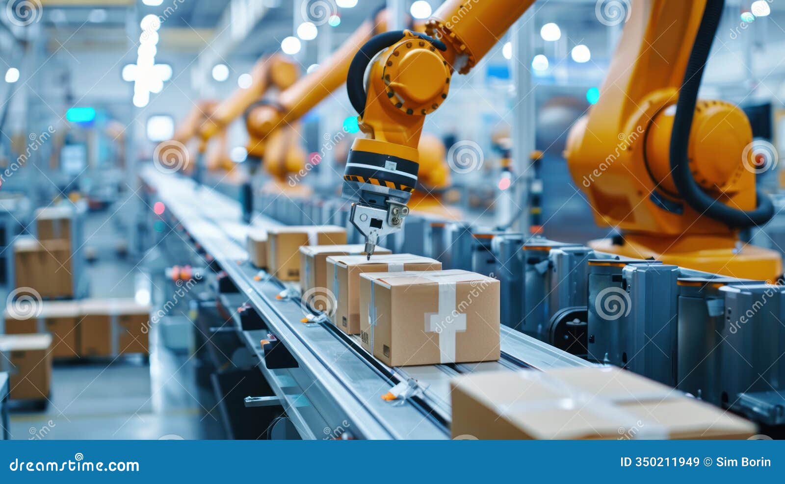 A Robotic Arm Assembling Products on a Factory Production Stock Illustration - Illustration of ...