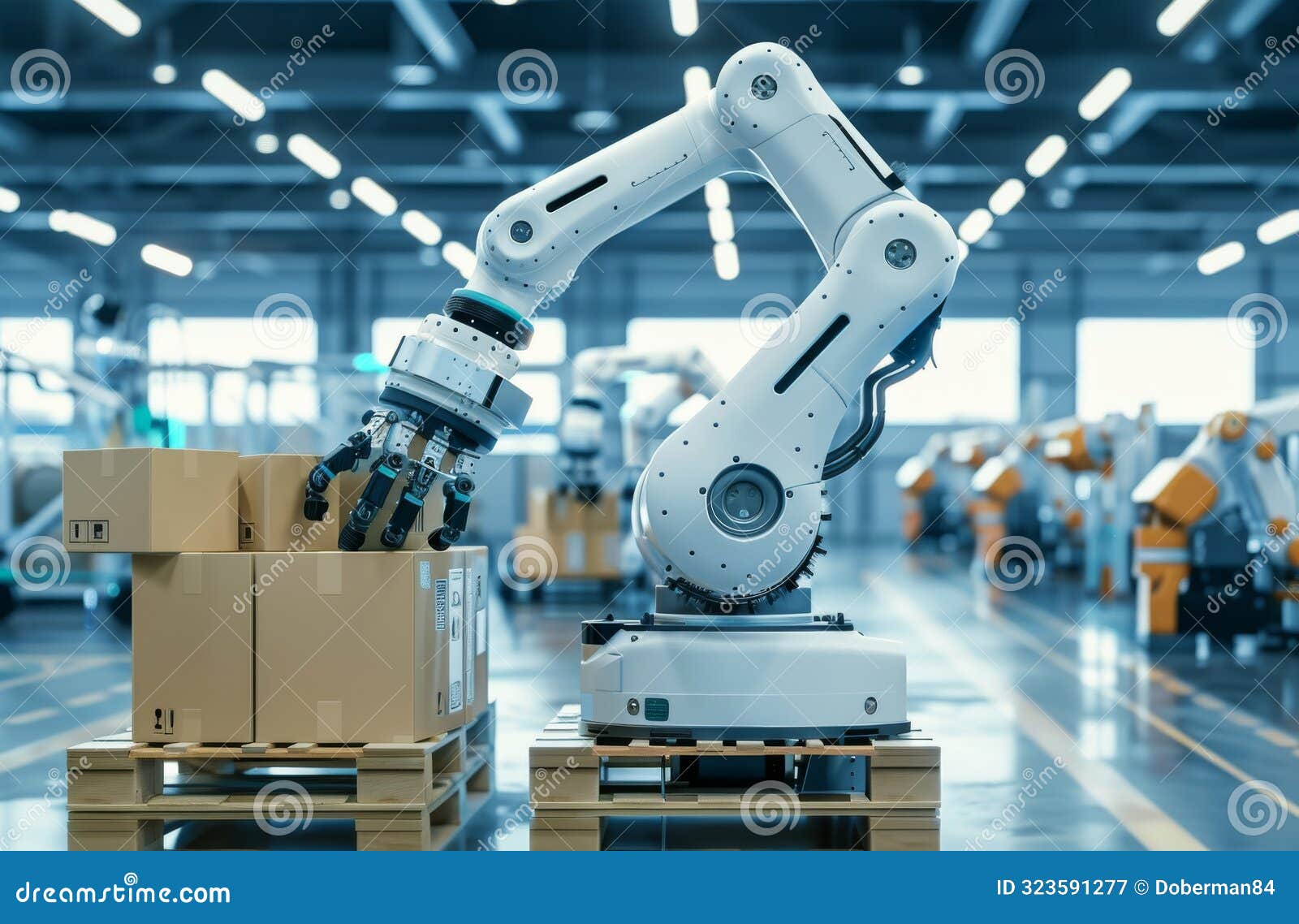 Robotic Arm Automating Warehouse Operations by Moving Boxes in a Modern ... Robotic Arm Automating Warehouse Operations by Moving Boxes in a Modern ...