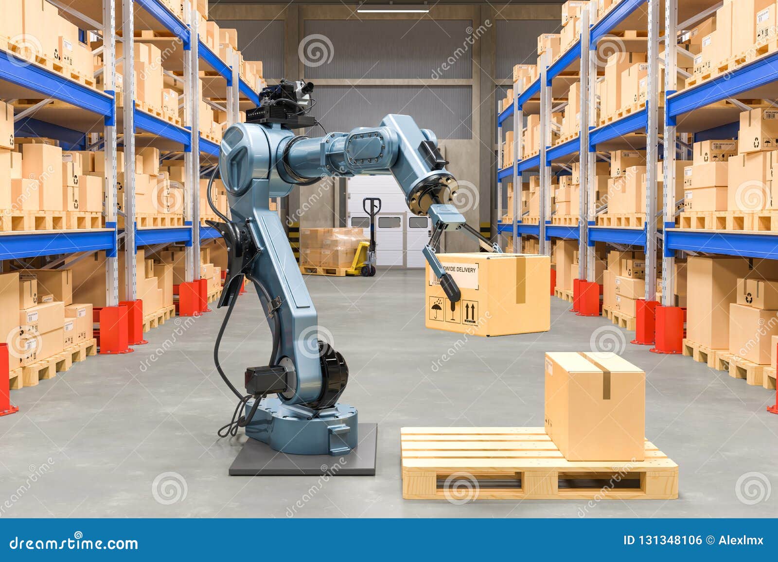 Robotic Arm with Cardboard Box. Automatic Warehouse Concept Stock ...