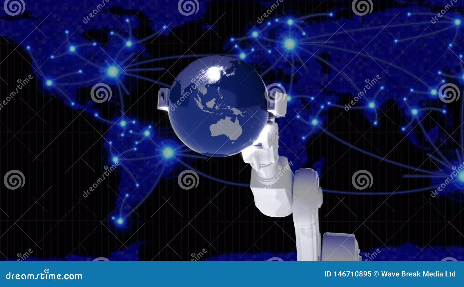 Robotic Arm Catching a Earth Globe Against a Dark Background with World ...