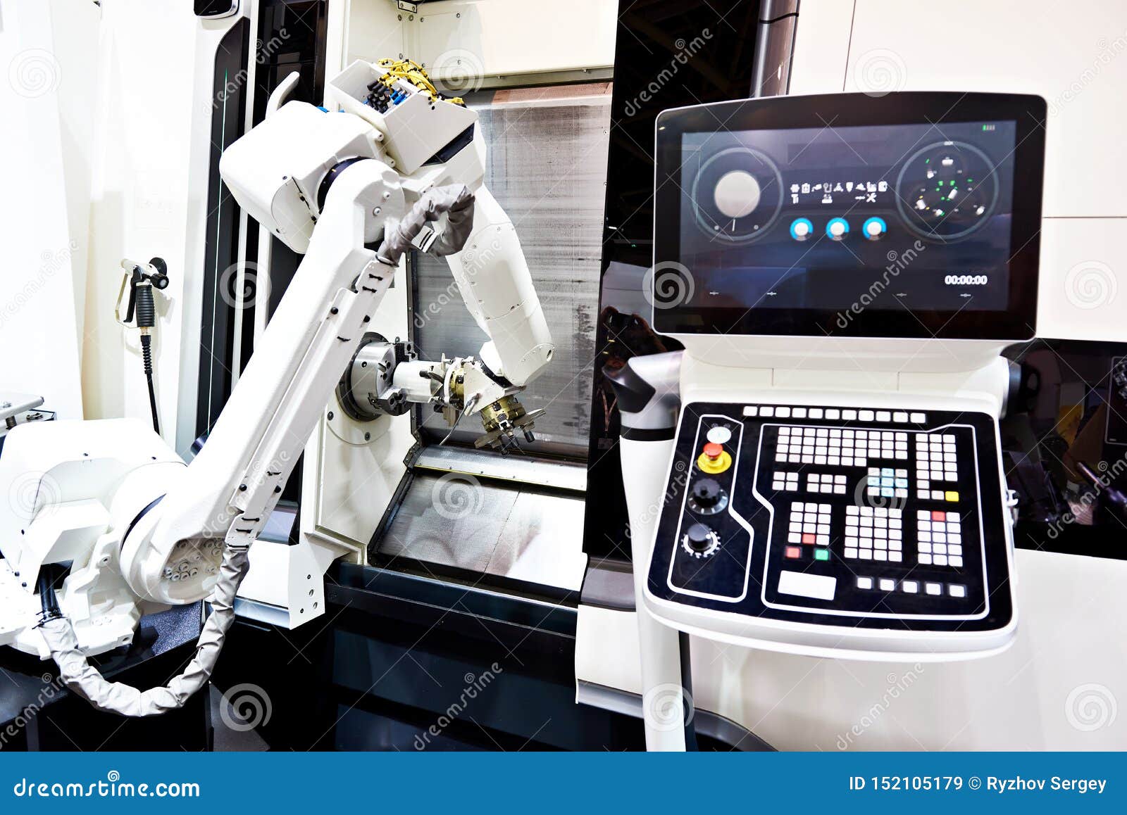 Robotic arm and cnc lathe stock image. Image of screen - 152105179