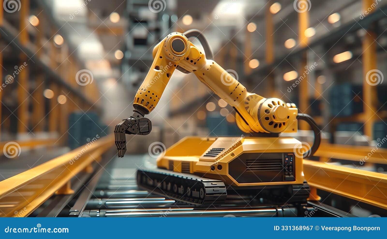 A Robotic Arm on a Conveyor Belt in a Warehouse, Representing ...