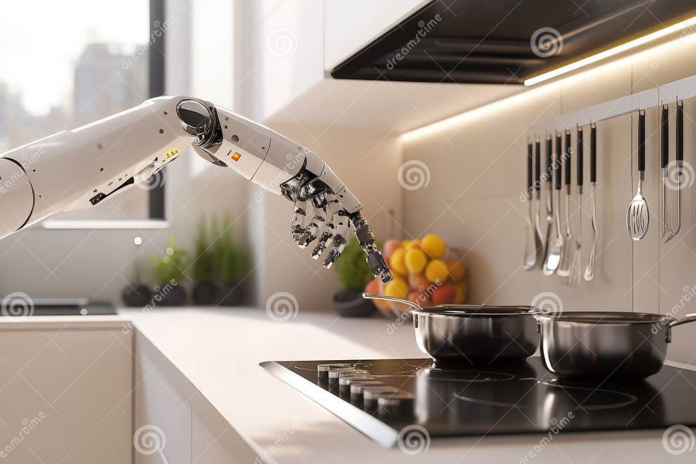 Robotic Arm Cooking in Modern Kitchen with Smart Technology Stock ...