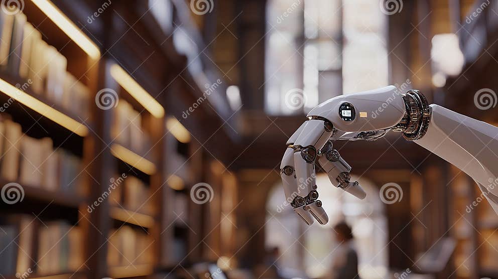 A Robotic Arm Displaying Advanced Technology in a Modern Library with ...