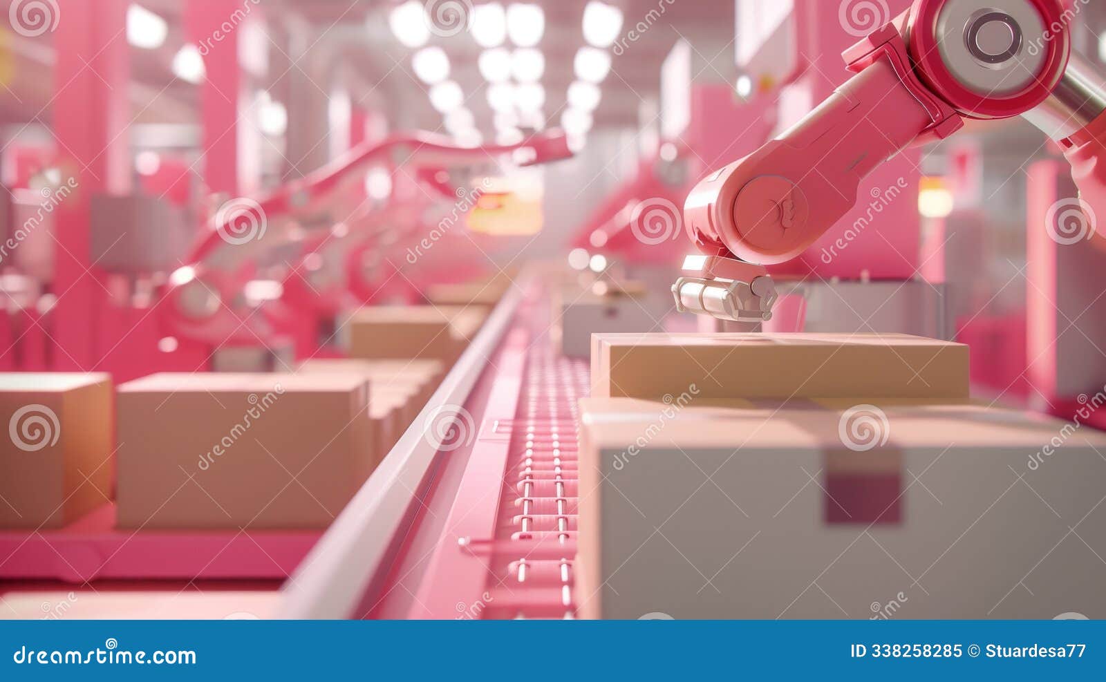 Robotic Arm Handling Boxes on a Futuristic Pink Assembly Line Stock ...