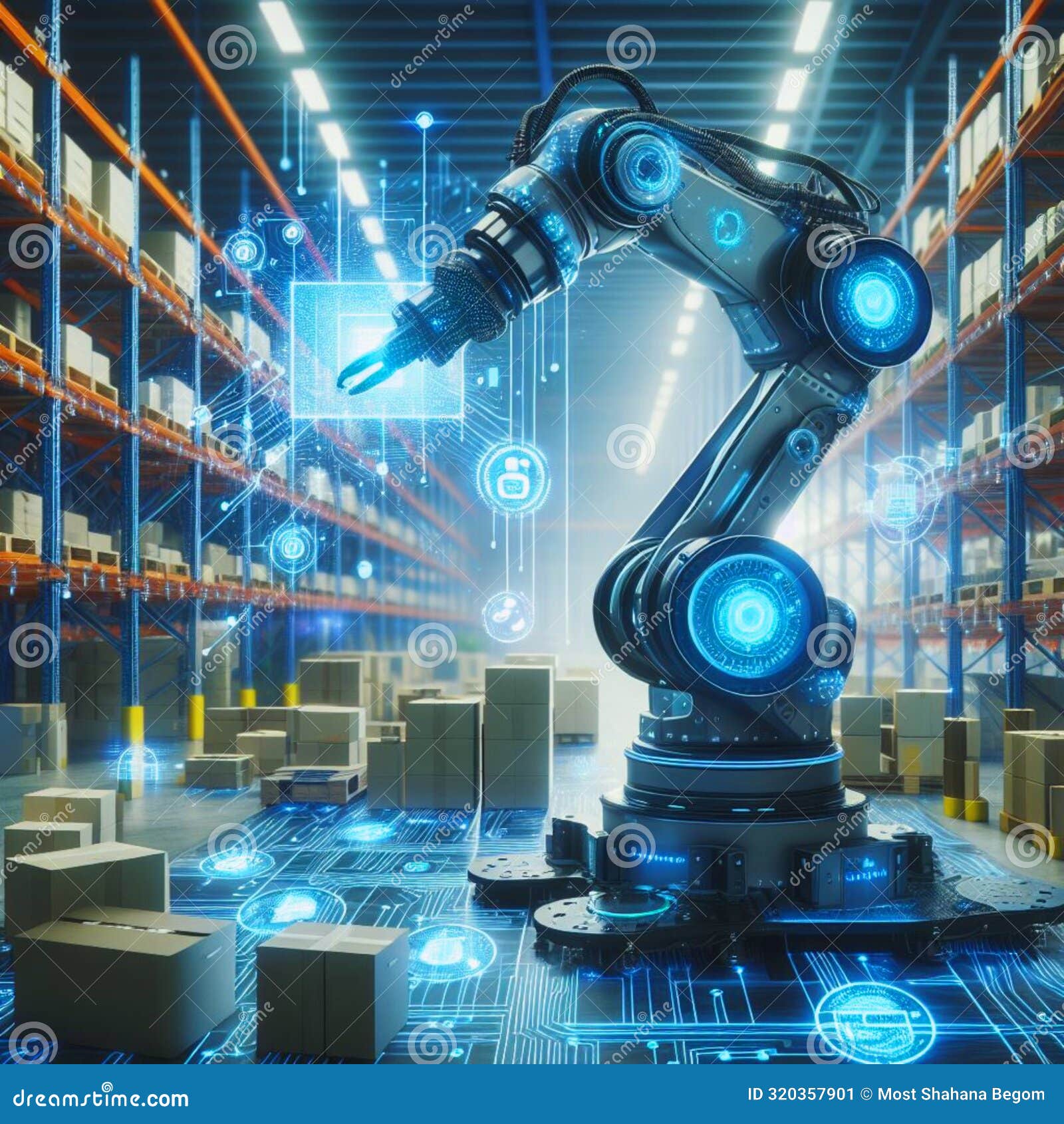 Automated Arm Retrieving a Cardboard Box in the Warehouse Stock ...