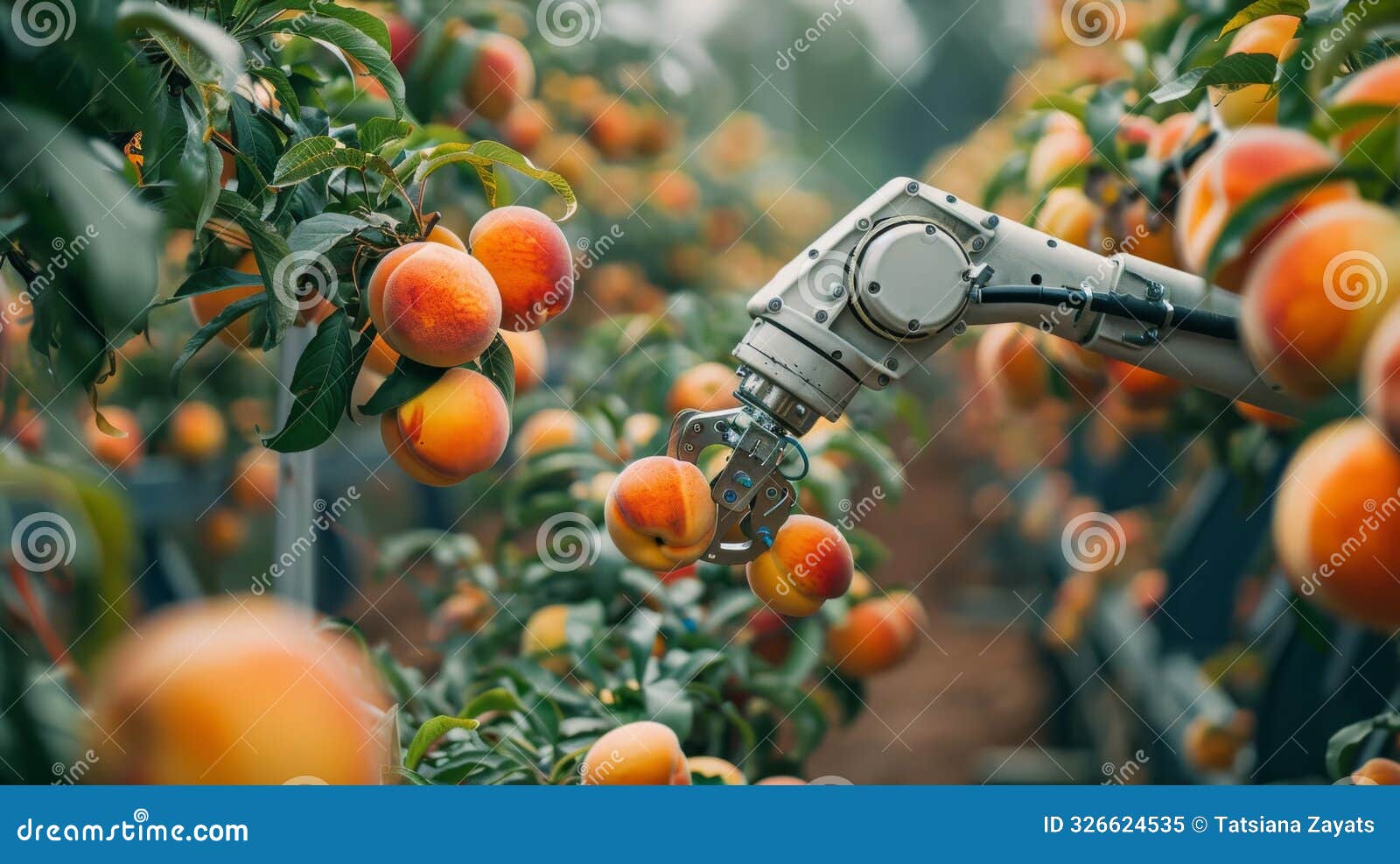 Robotic Arms Gently Picking Ripe Peaches from Trees in an Orchard. Use ...