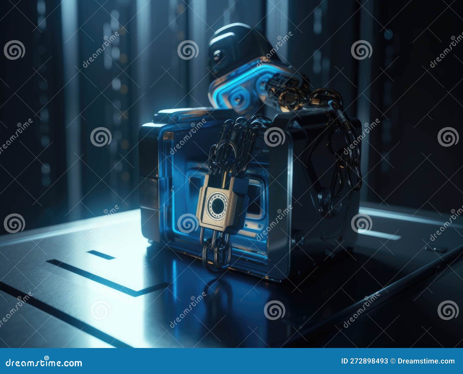 A Robotic Arm Holding a Locked Safe and a Glowing Blue Padlock ...