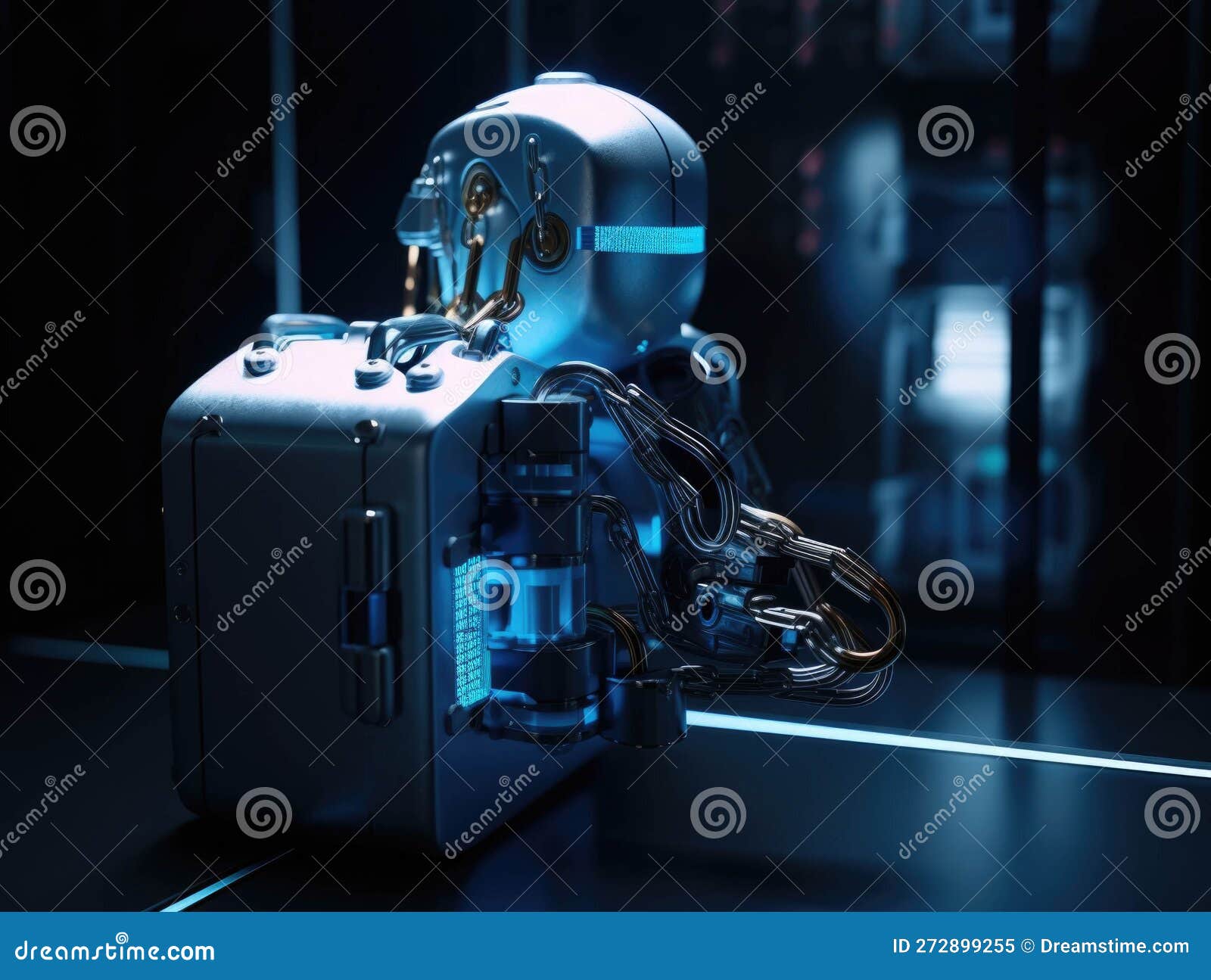 A Robotic Arm Holding a Locked Safe and a Glowing Blue Padlock ...