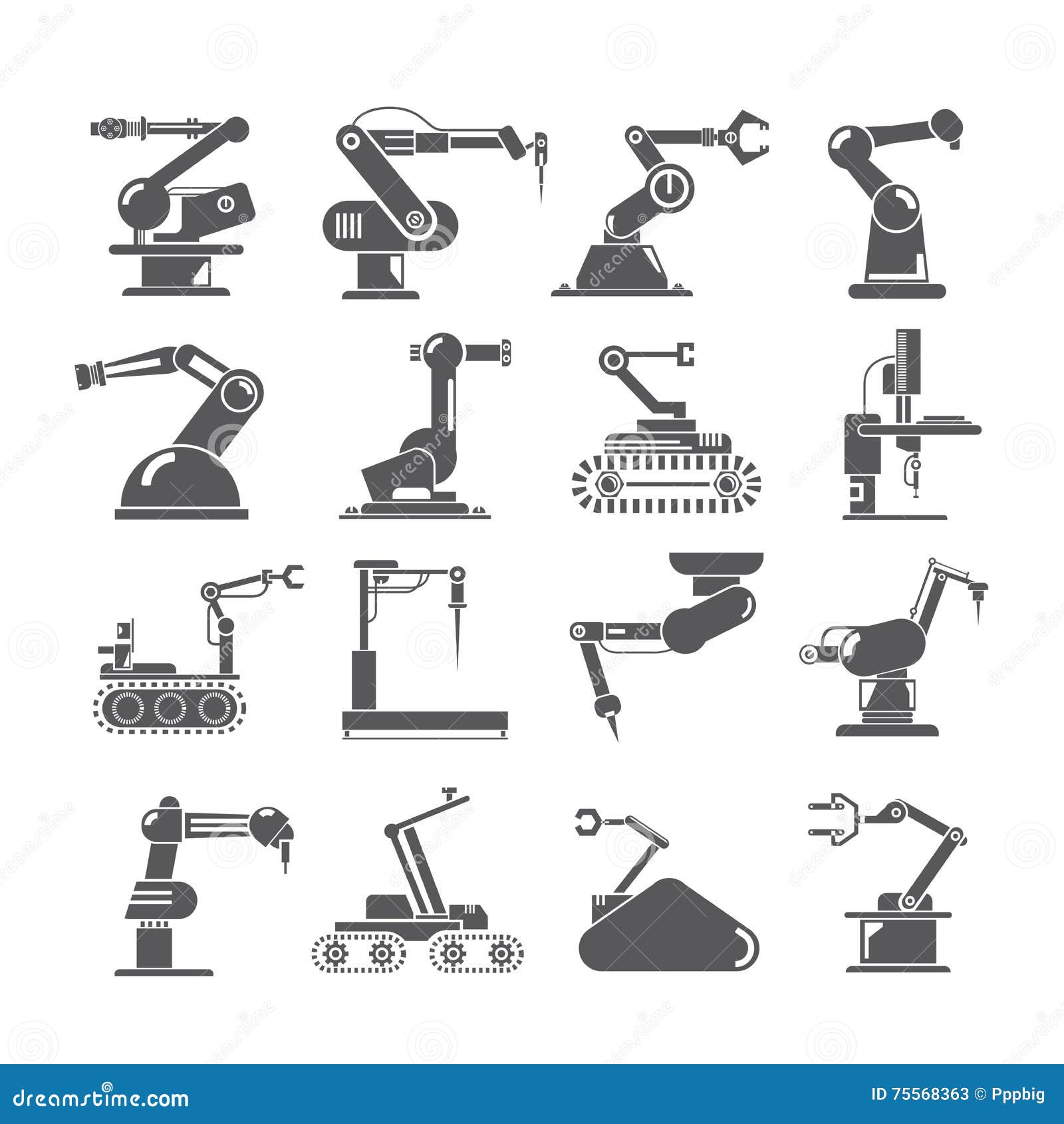 Robotic Arm Icons, Industry Assembly Robots Stock Illustration ...