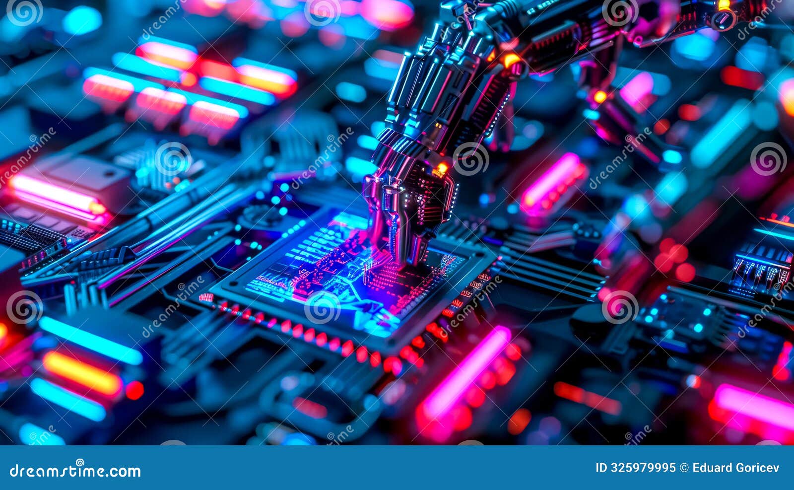 Robotic Arm Installing Cpu Chip on Motherboard with Neon Lights Stock ...
