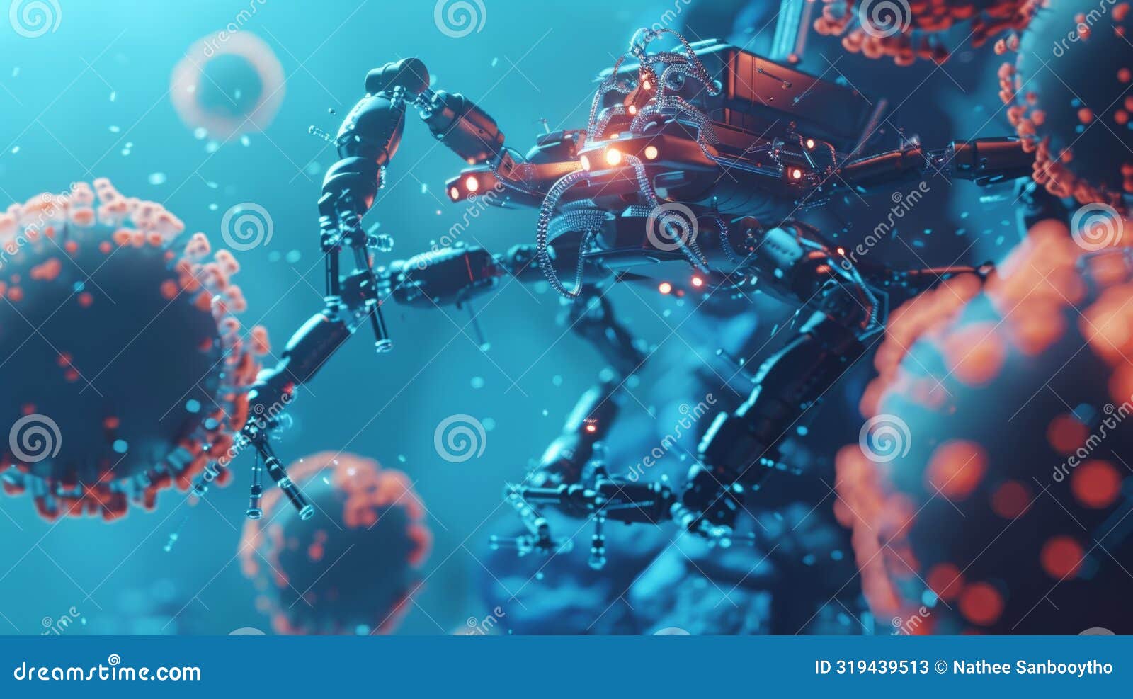 Robotic Arm Interacting with Virus Particles Stock Illustration ...