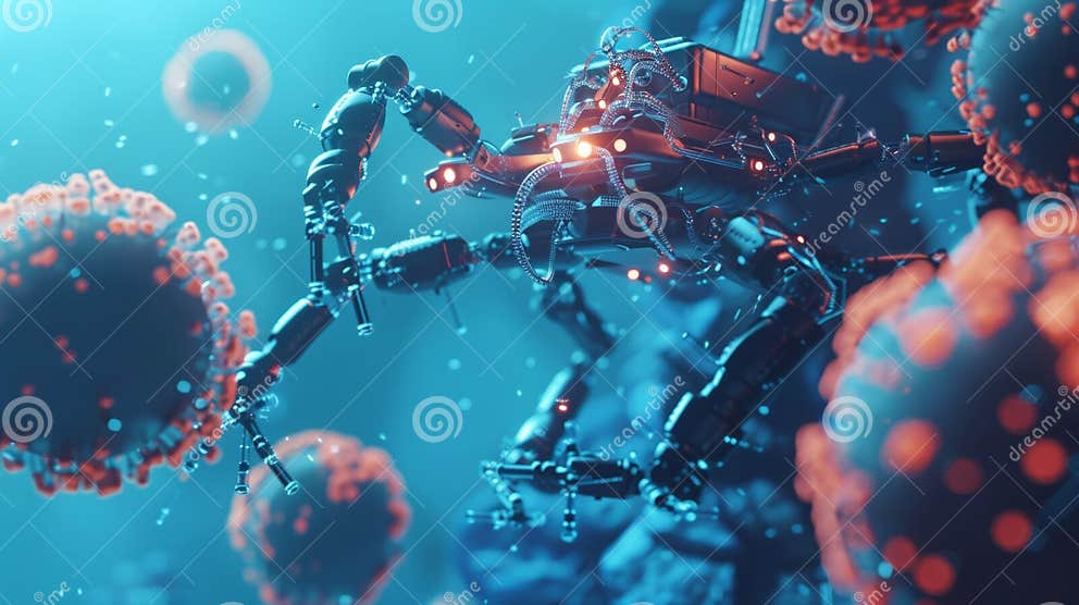 Robotic Arm Interacting with Virus Particles Stock Illustration ...