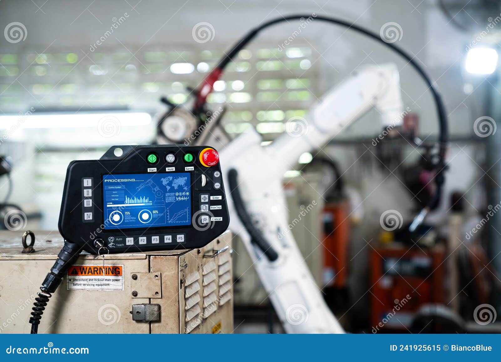 Robotic Arm and Its Controller Adept Panel in a Factory Workshop Stock ...