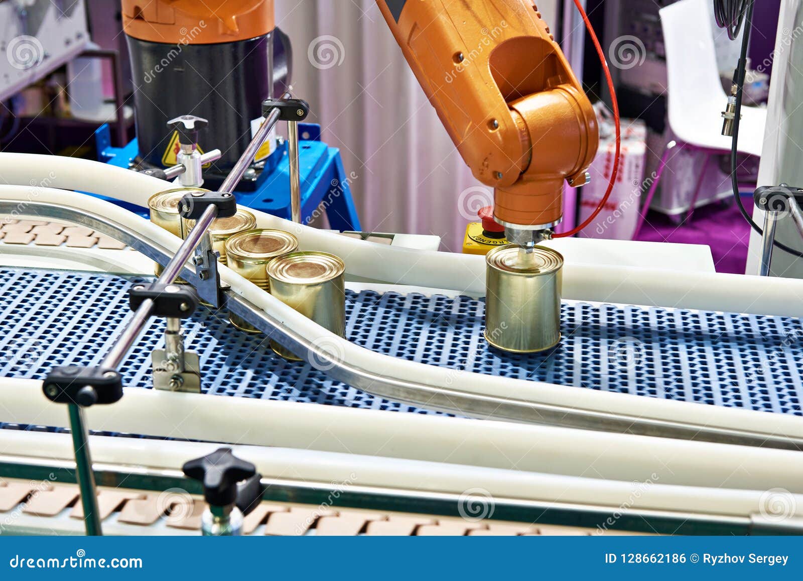 Robotic Arm and Cans on Conveyor Stock Photo - Image of control ...