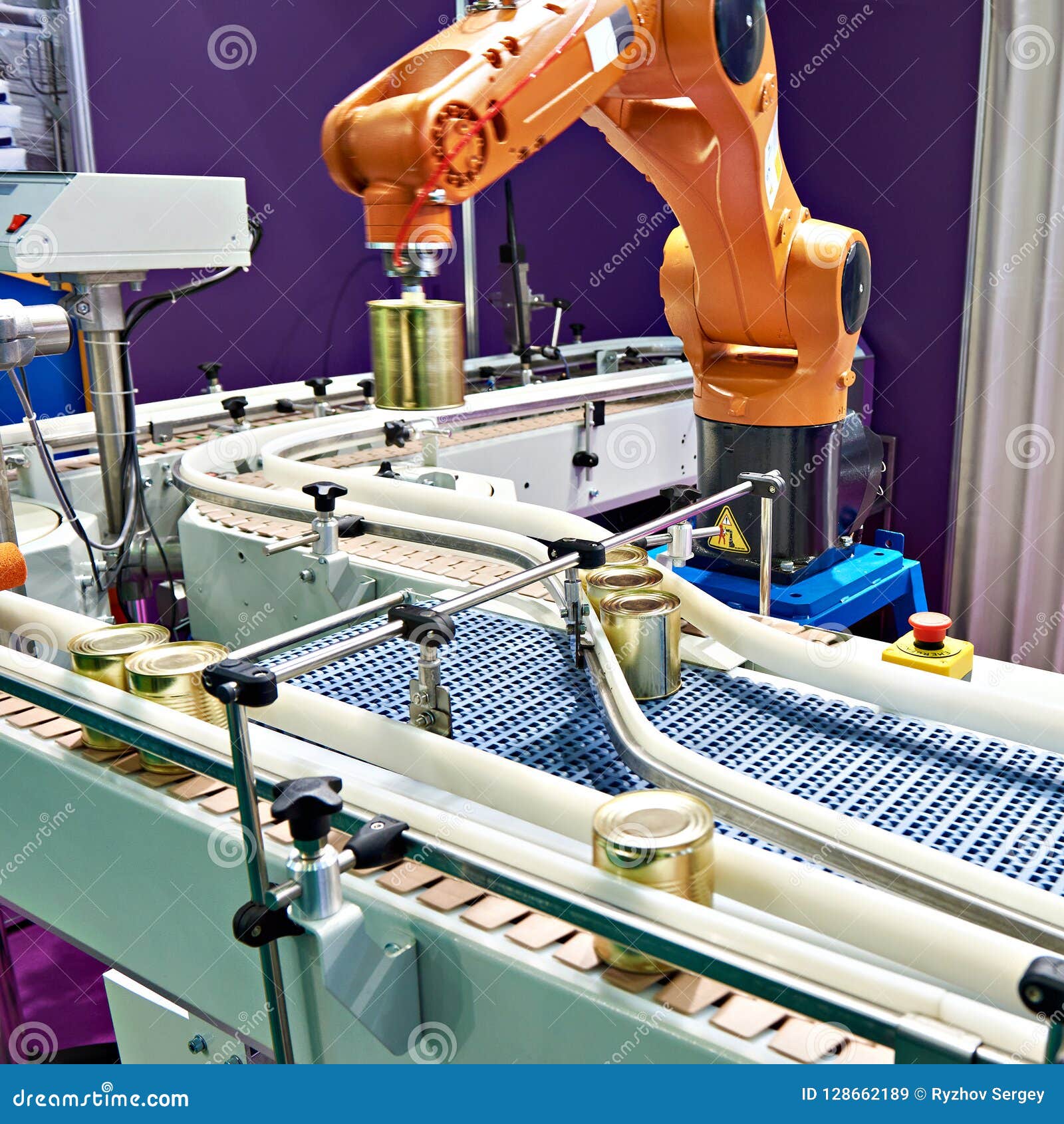 Robotic Arm and Cans on Conveyor Stock Image - Image of automated ...
