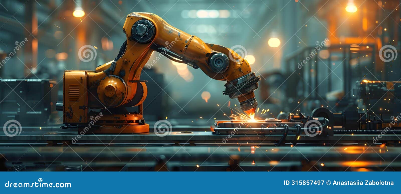 Robotic Arm In Manufacturing Plant Operates Welding Lathe With HUD Data ...