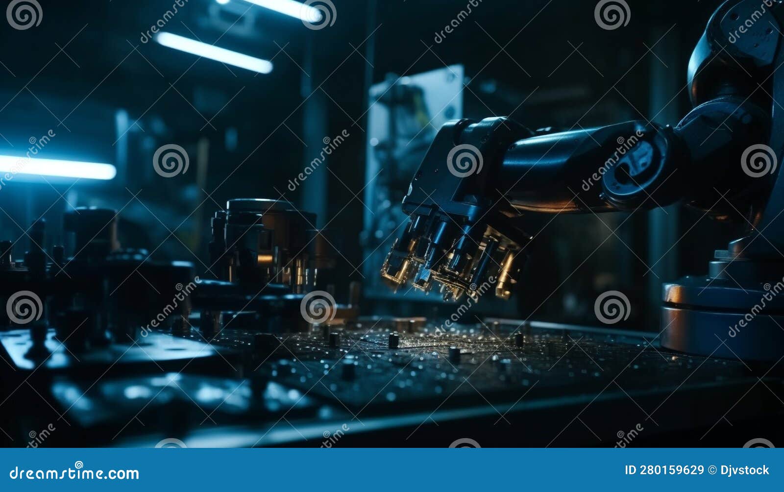 Robotic Arm Mixing Computer Chips on Futuristic Production Line Indoors ...