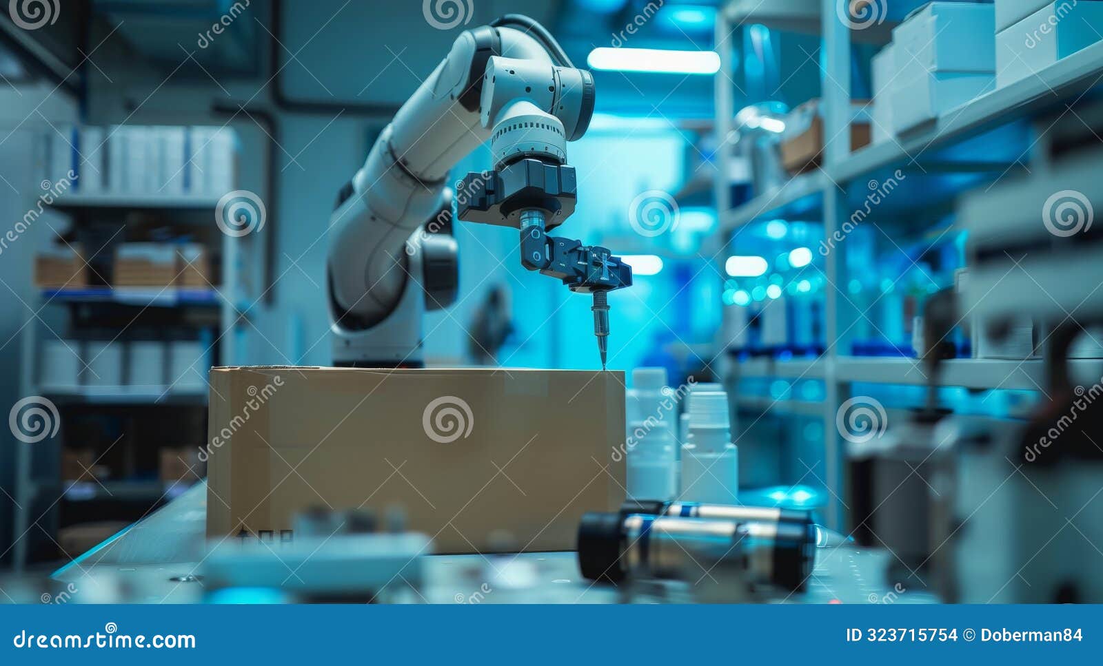 Robotic Arm Handling a Package in an Advanced Industrial Setting with ...