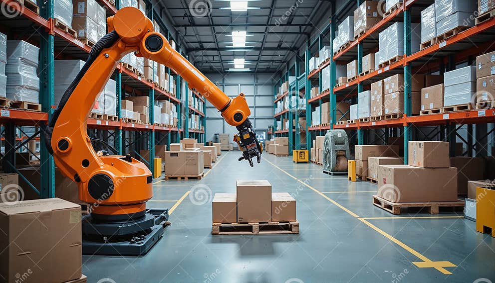 Robotic Arm Operating in Logistics Warehouse, Automated Efficiency ...