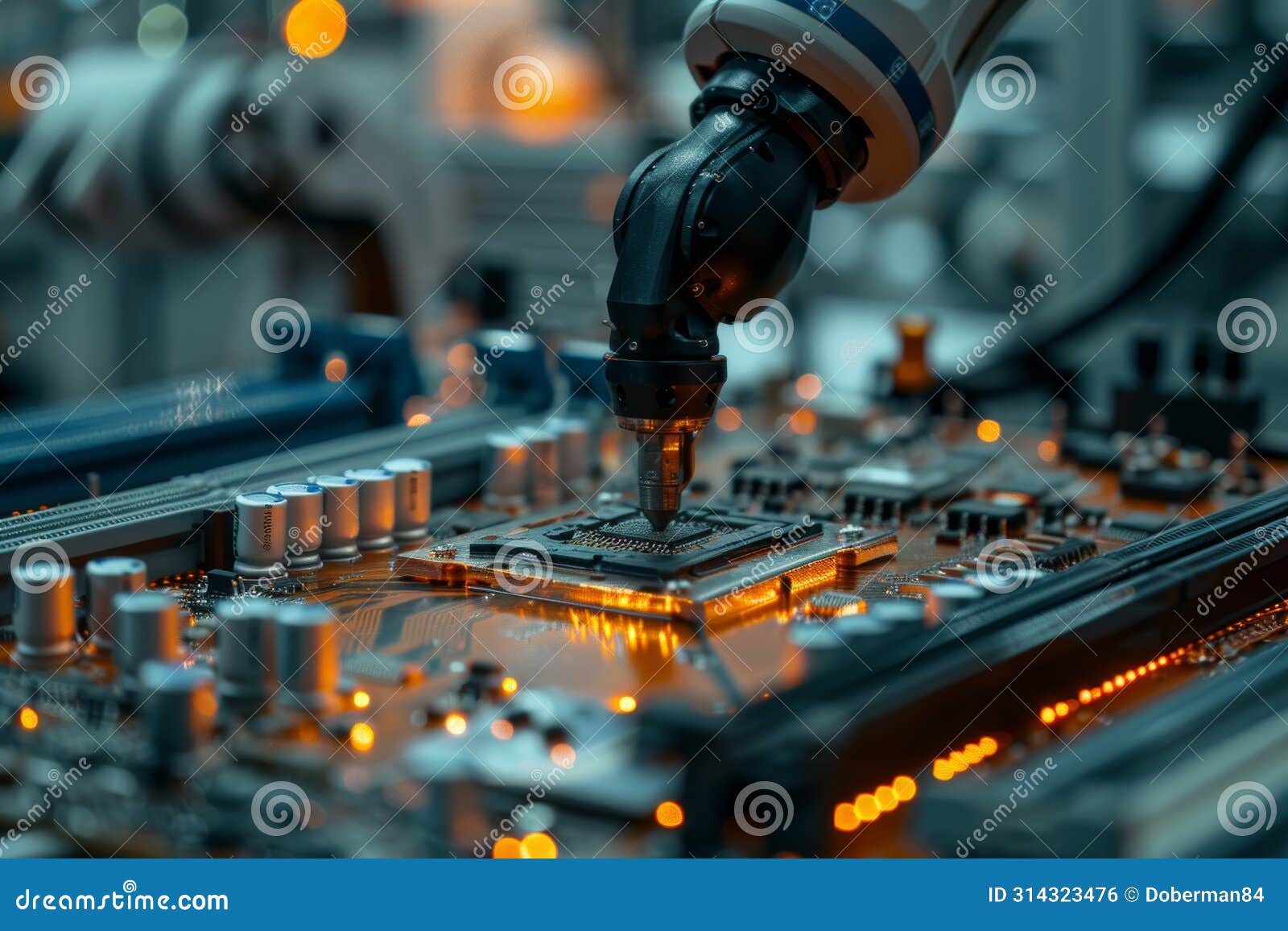 Robotic Arm Performing Precision Work on Electronic Circuit Board Stock ...