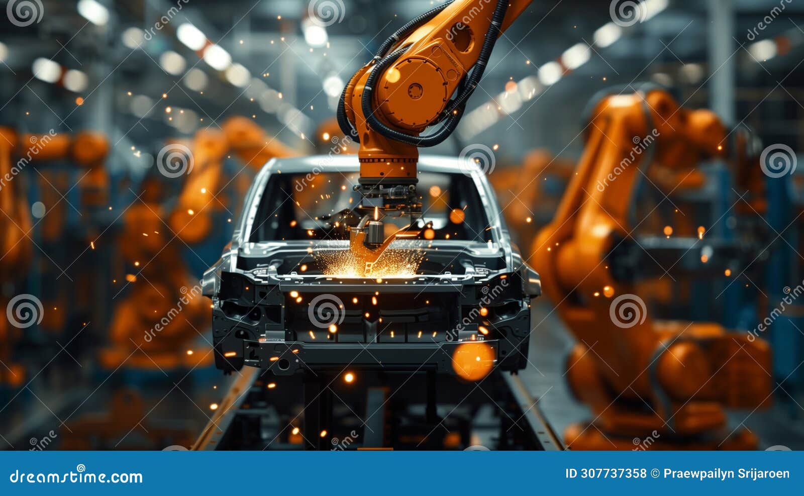 A Robotic Arm Performs Precision Welding on a Car Chassis within the ...