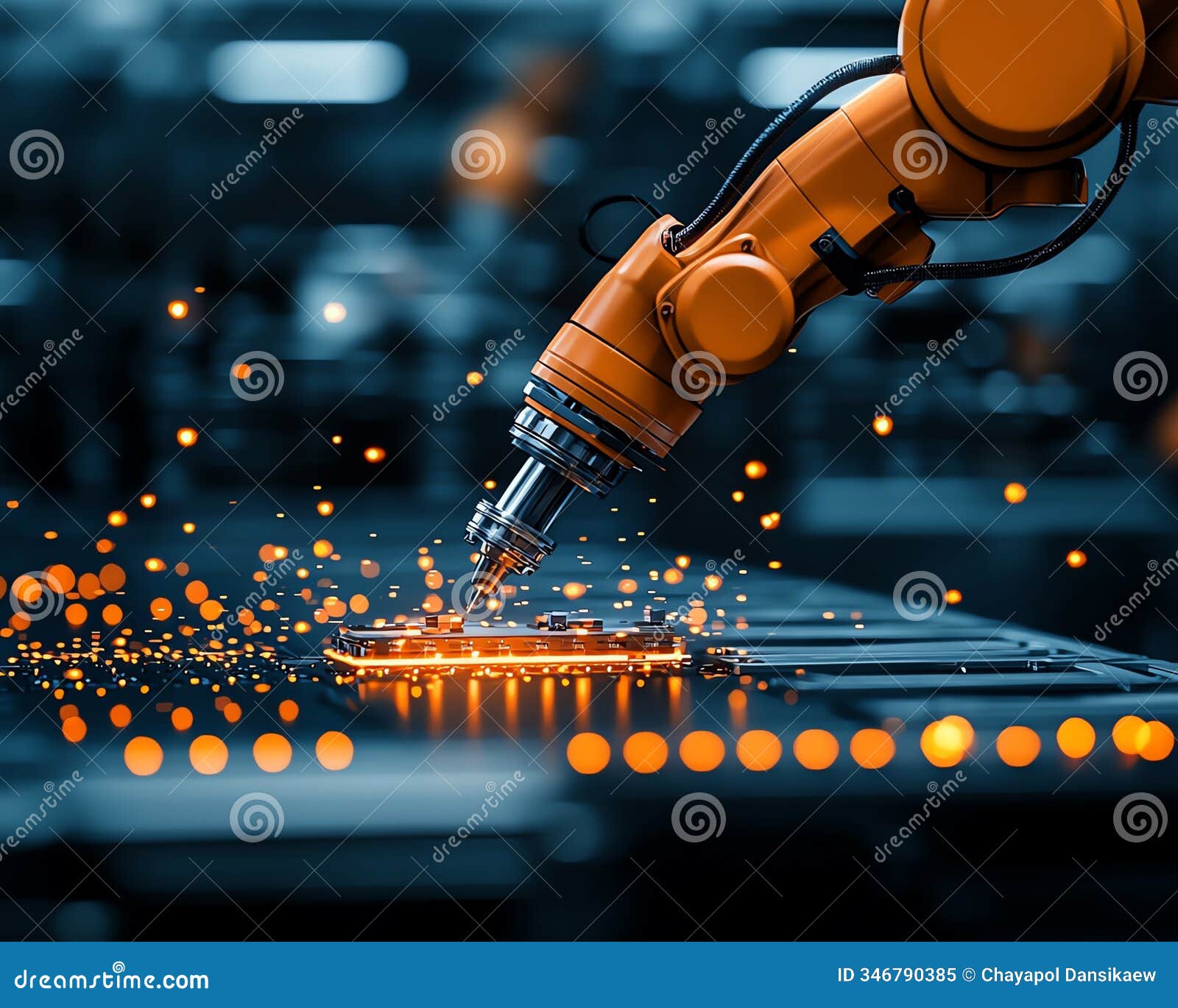 Robotic Arm Performs Precision Work Creating Sparks in a Modern Factory ...