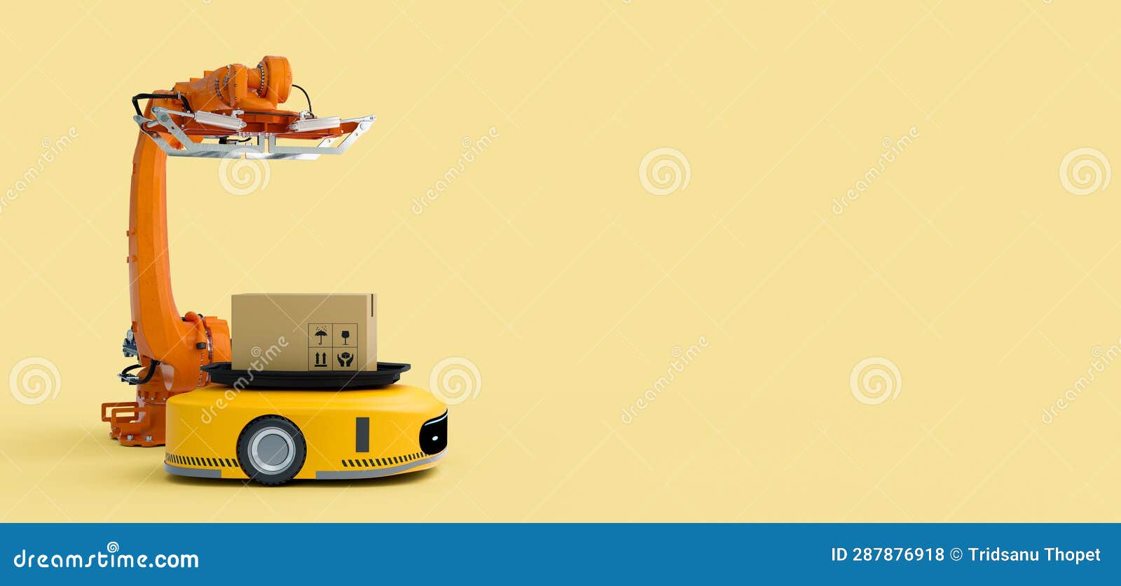 Robotic Arm Put Logistics Package On Automate Machine (AGV Royalty-Free ...