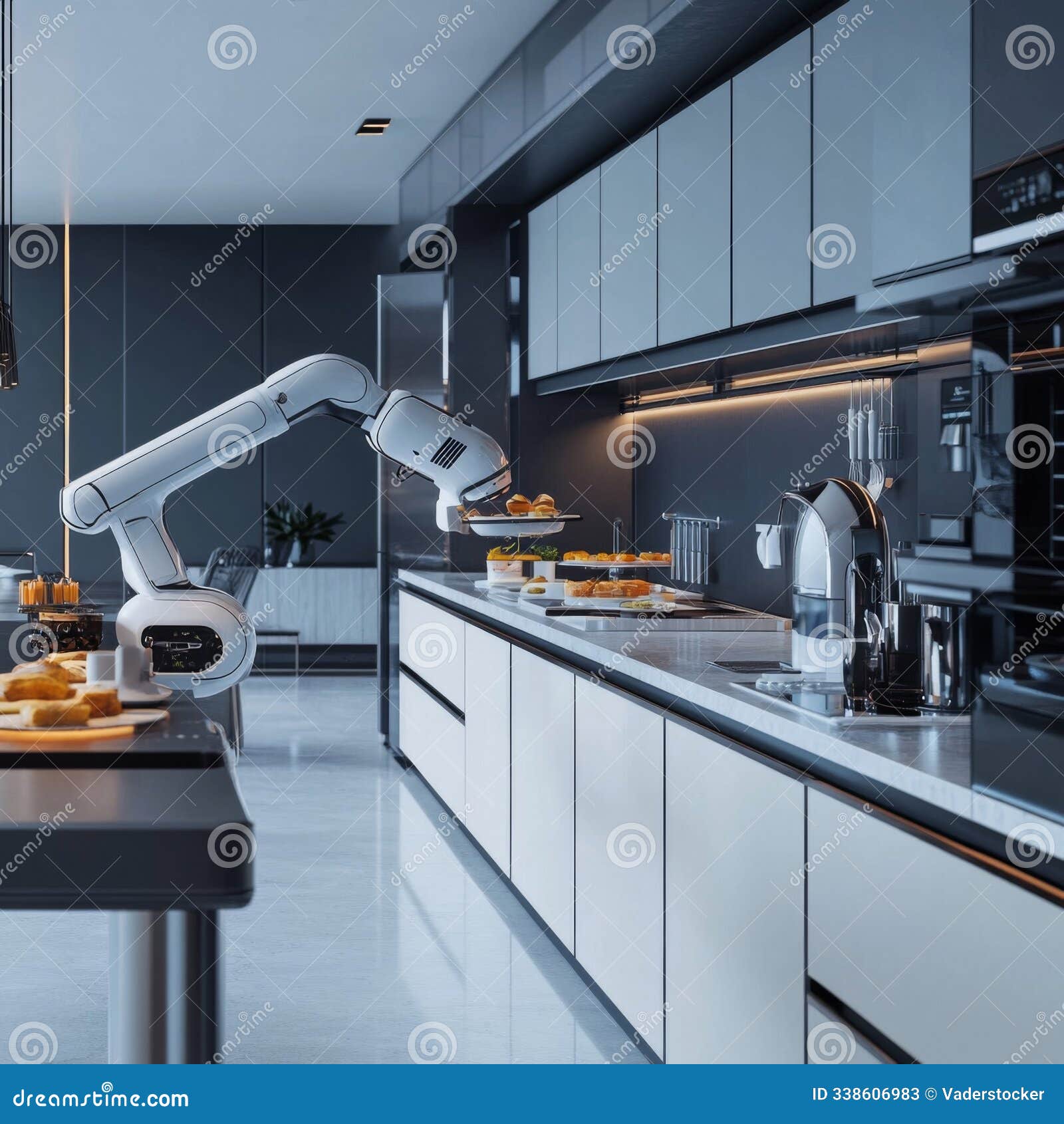 Robotic Arm Serving Food in a Modern Kitchen Stock Illustration ...