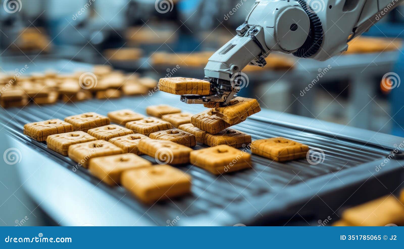 Robotic Arm Sorting Cookies on Conveyor Belt in Automated Factory ...