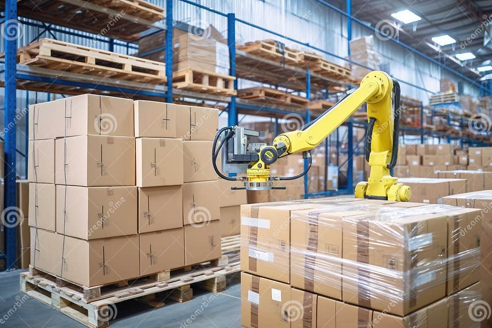 Robotic Arm Stacking Boxes on Pallet Stock Image - Image of logistic ...