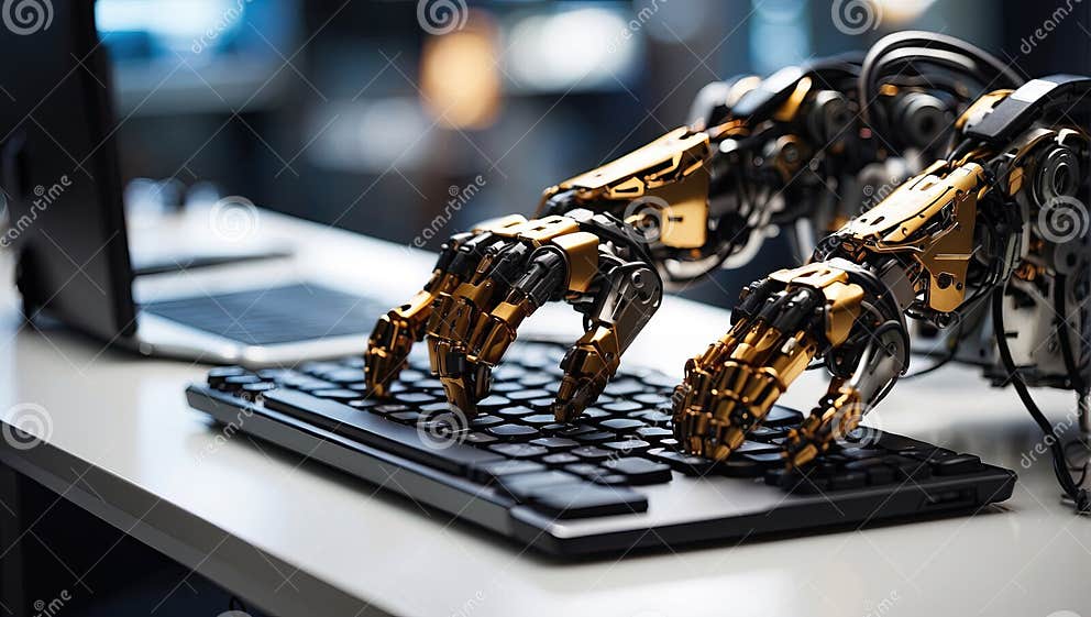 Robotic Arm Typing in Computer Keyboard. Generated with AI Stock Photo ...