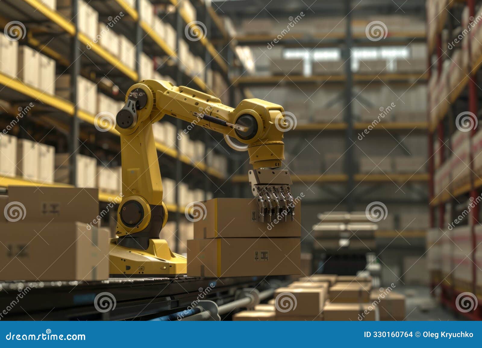Robotic Arm in Warehouse Operating Efficiently. the Image Shows Modern ...