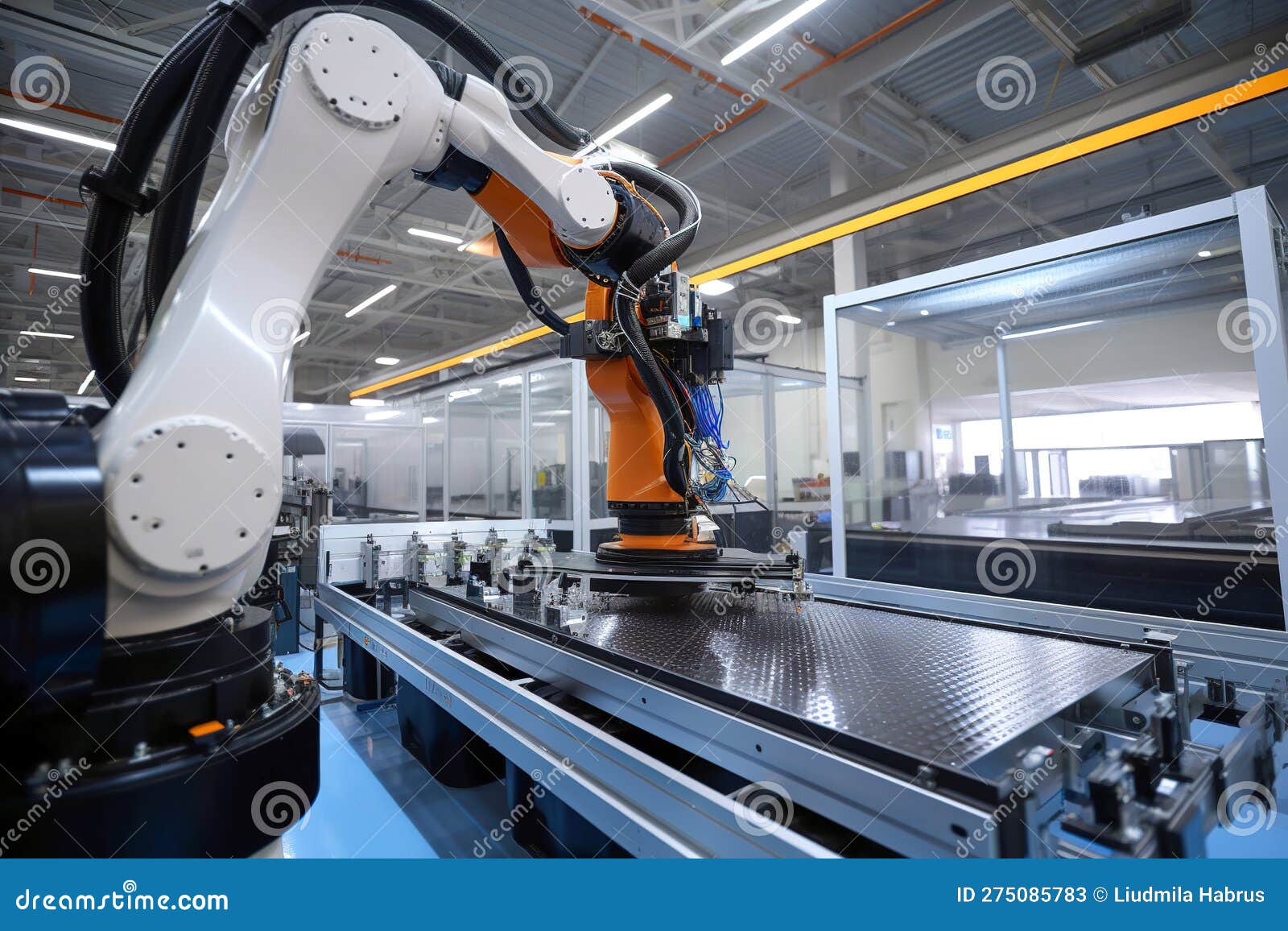 Robotic Arm Working on Assembly Line in Factory, Industry 4.0 Concept ...