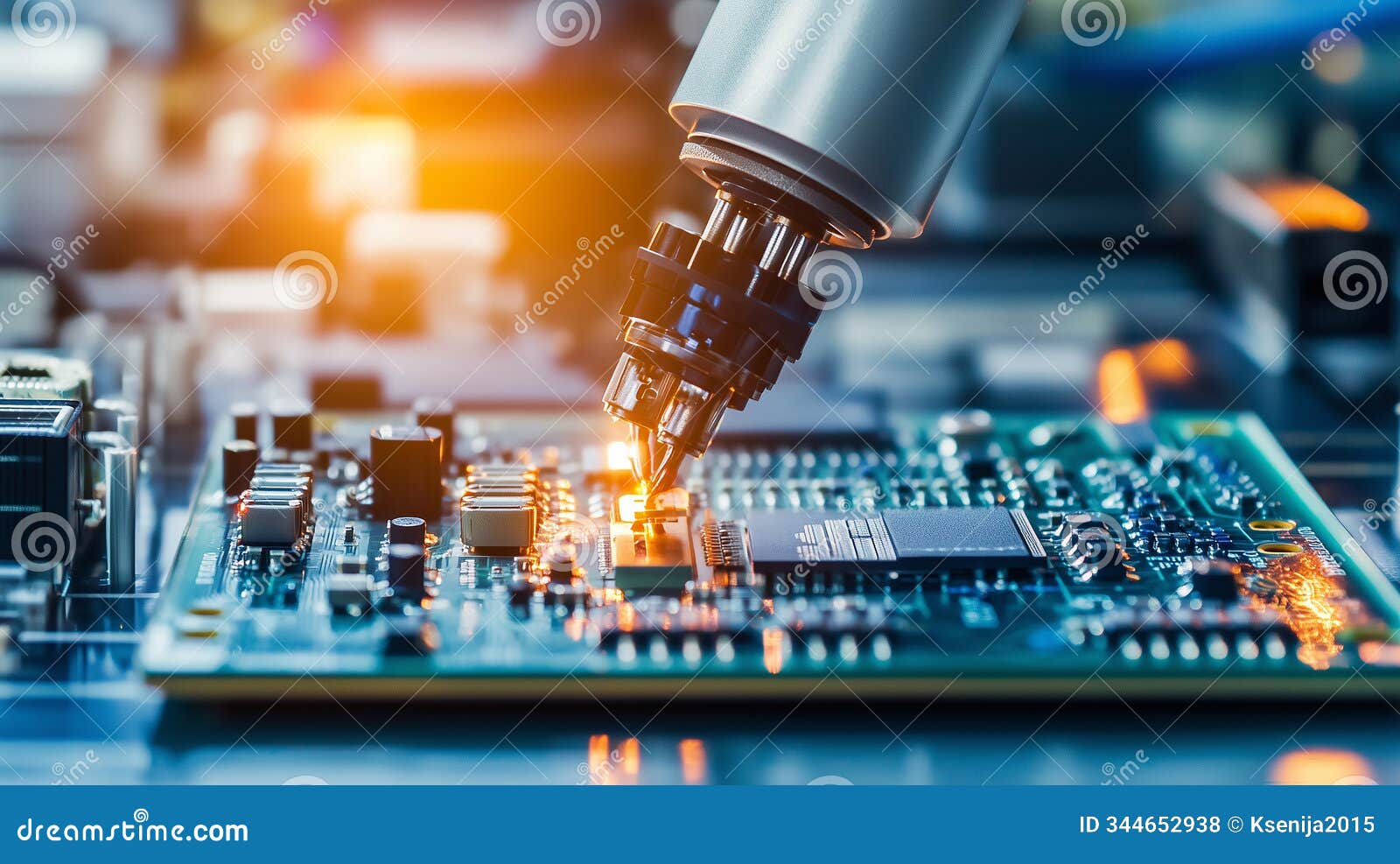 Robotic Arm Working with Microchips on a Circuit Board, Representing ...