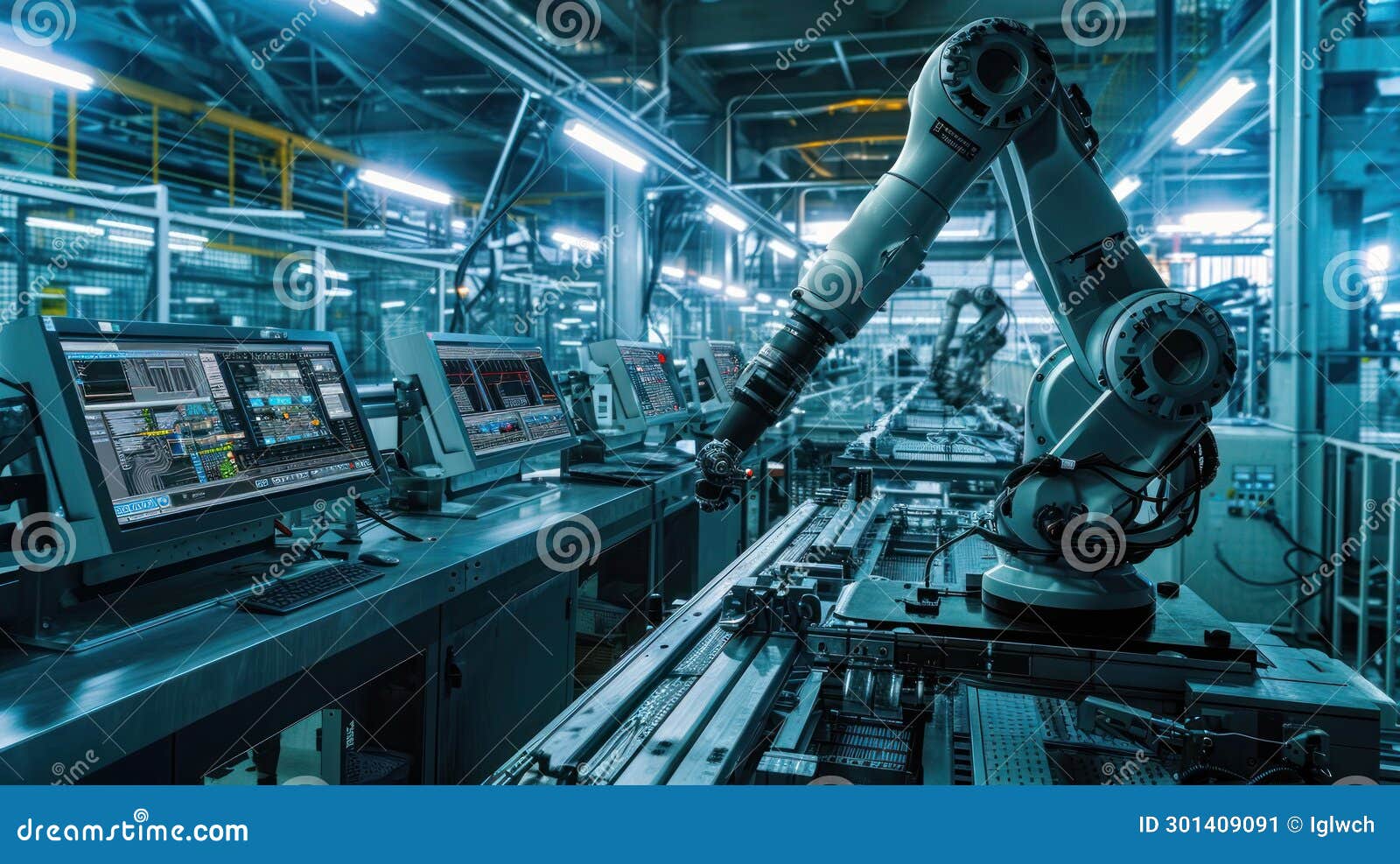 Robotic Arm Works on Automated Production Line. Stock Image - Image of ...