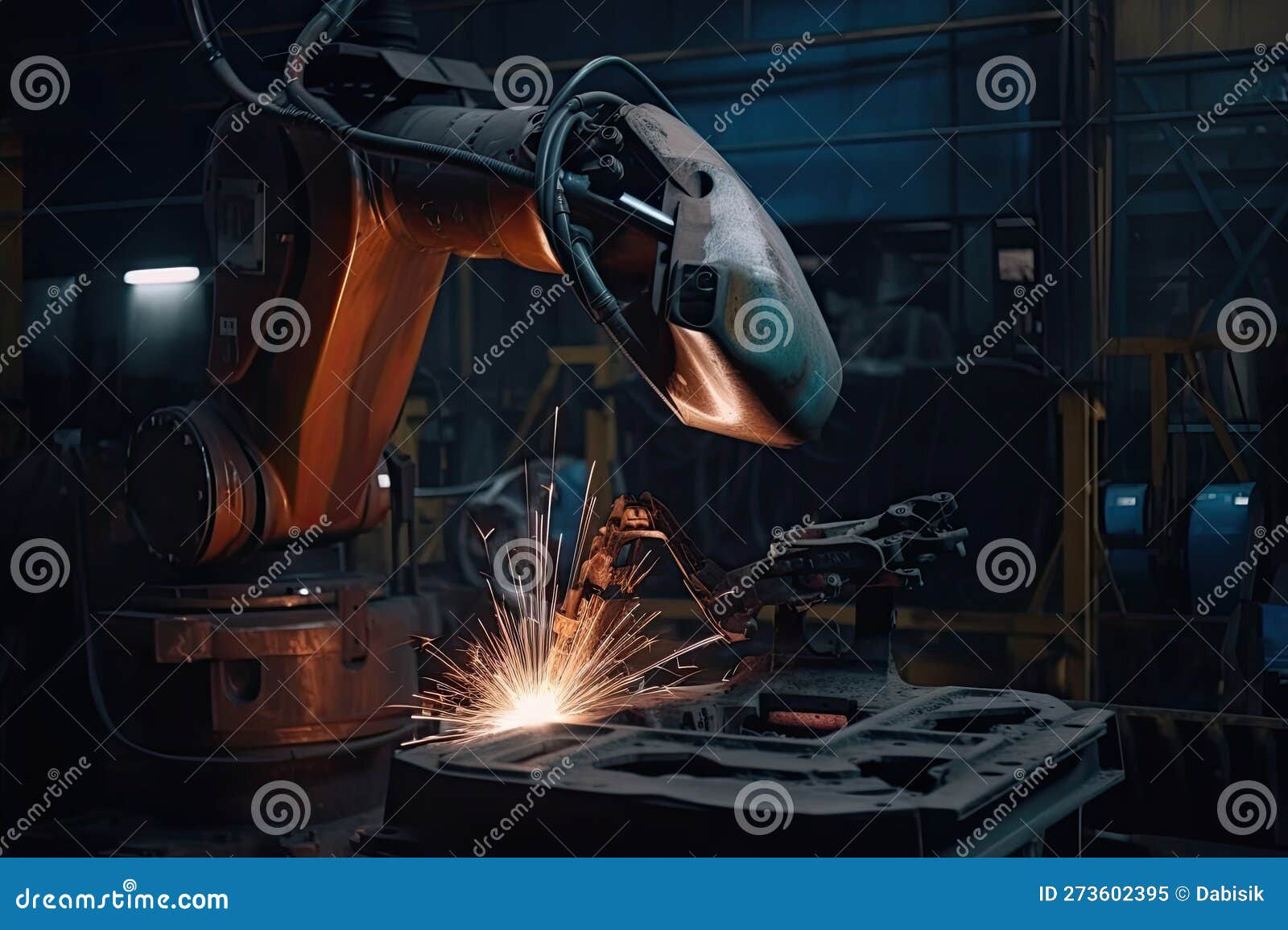 Robotic Arm Works on Welding. Conveyor Line at Factory. Automatic ...