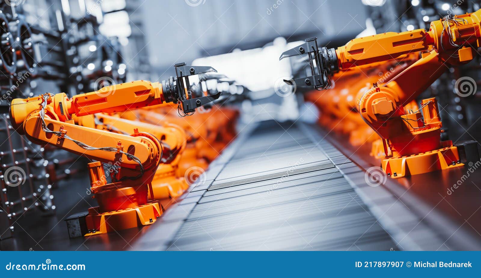 Robotic Arms Along Assembly Line in Modern Factory Stock Illustration ... Robotic Arms Along Assembly Line in Modern Factory Stock Illustration ...