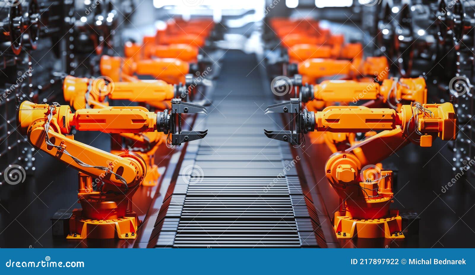 Robotic Arms Along Assembly Line in Modern Factory Stock Illustration ... Robotic Arms Along Assembly Line in Modern Factory Stock Illustration ...