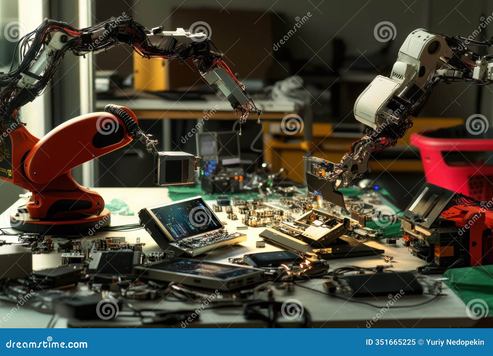 Robotic Arms Assemble Electronic Components in a Modern Workspace Stock ...