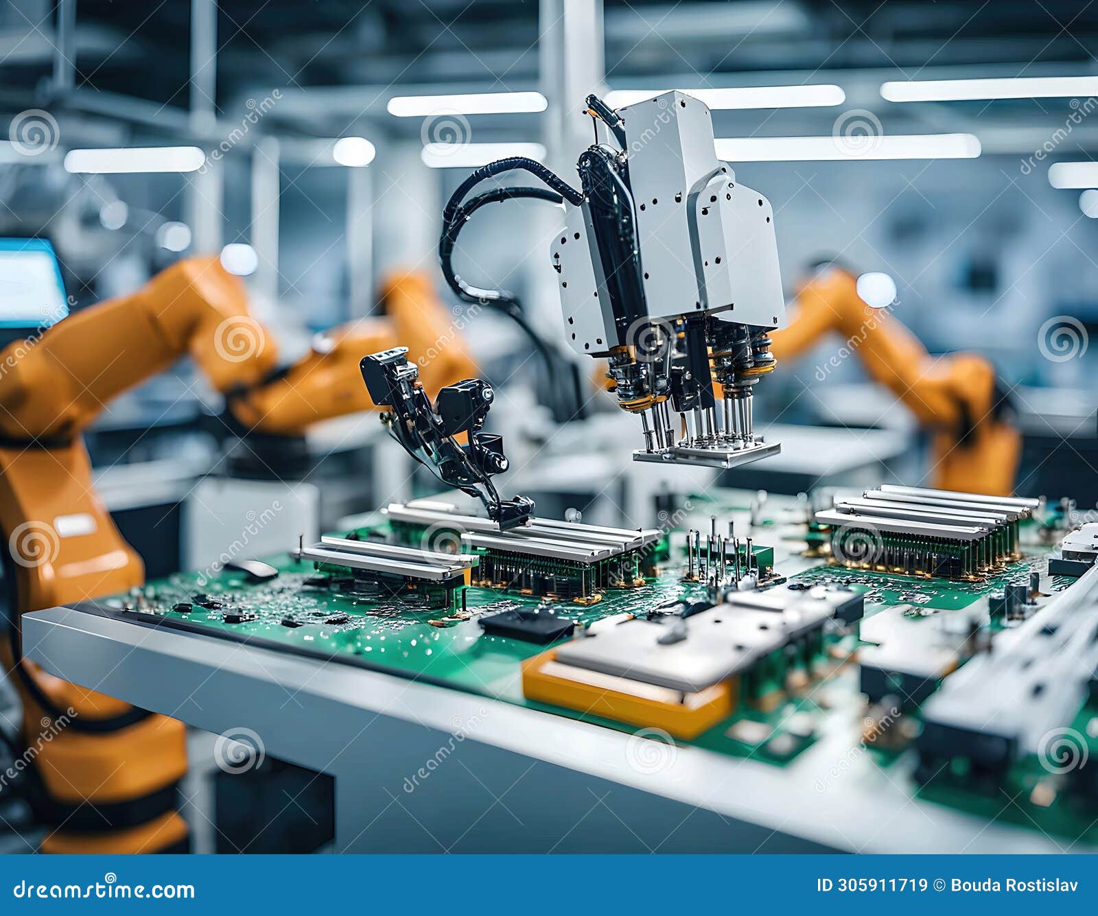 Robotic Arms Assembling Circuit Boards in a Factory Stock Illustration ...