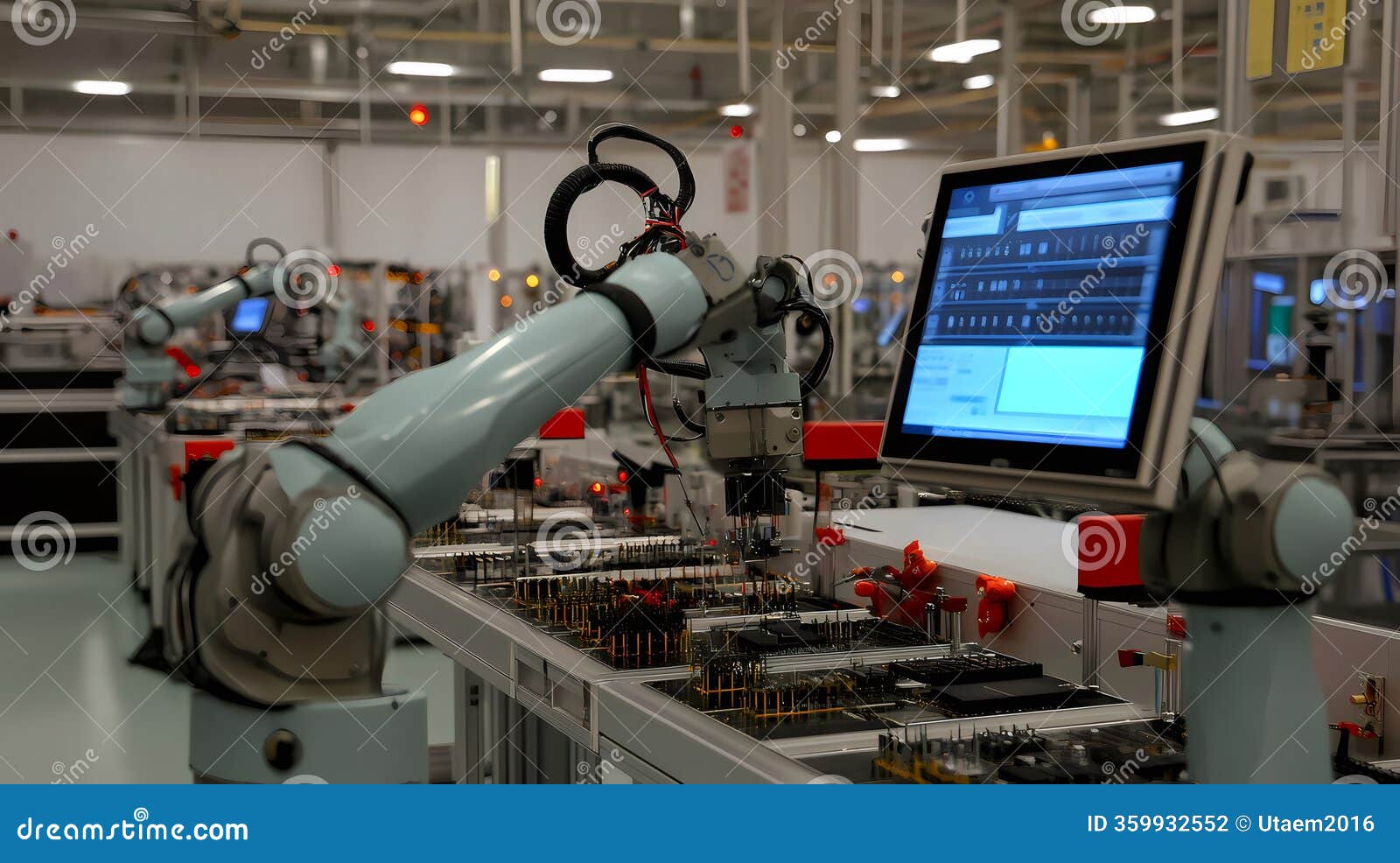 Robotic Arms Assembling Circuit Boards in Modern Factory Stock Photo - Image of components ...