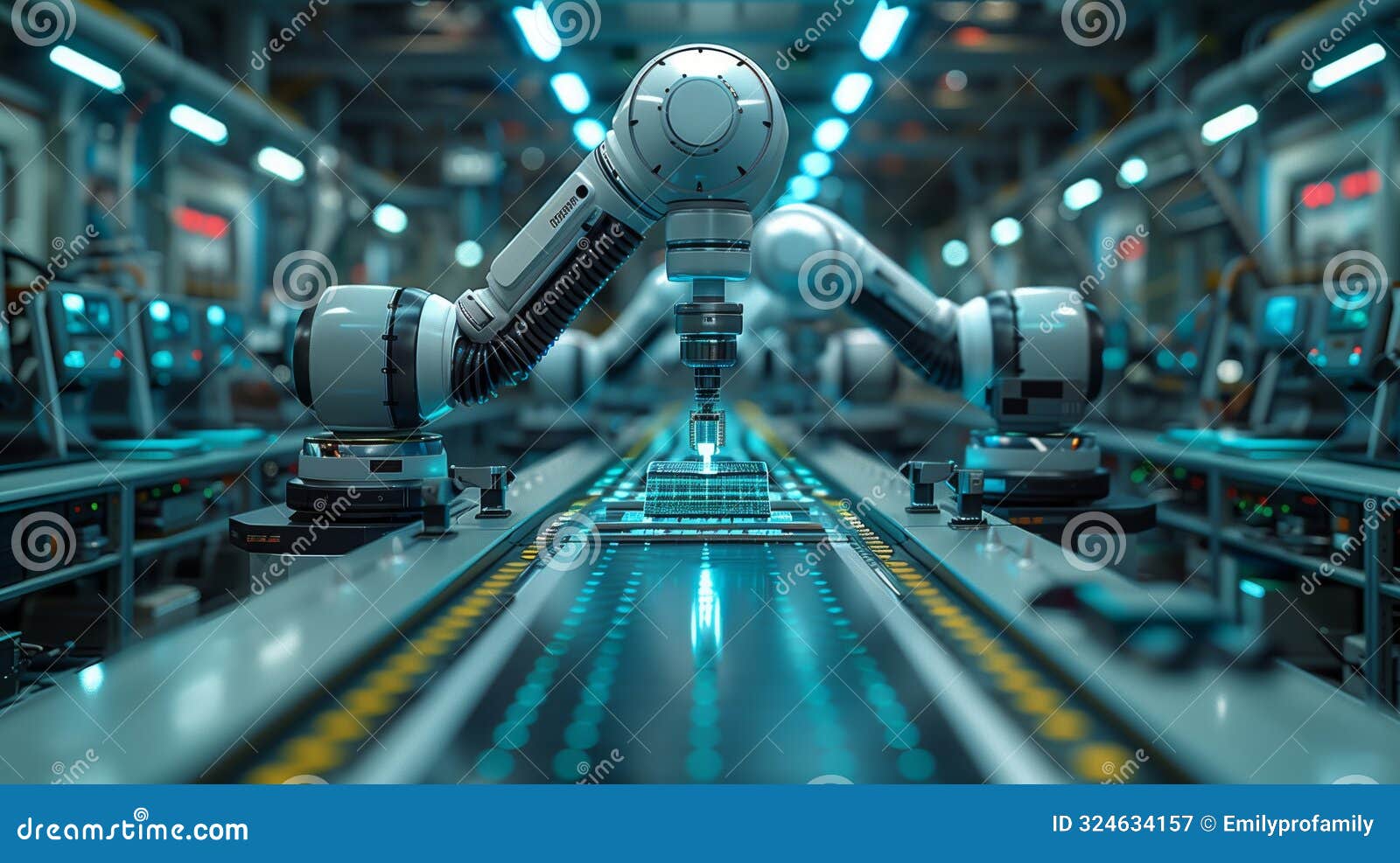 Robotic Arms Assembling on a Conveyor Belt in a High-Tech Lab Stock ...