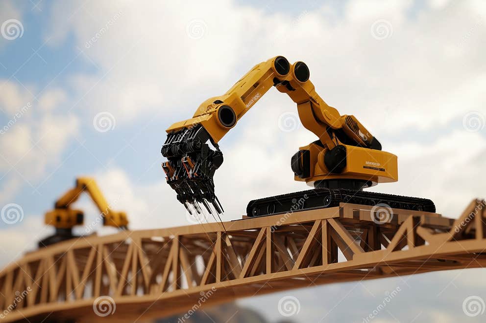 Robotic Arms Constructing a Model Bridge Under a Clear Blue Sky at a Construction Site Stock ...