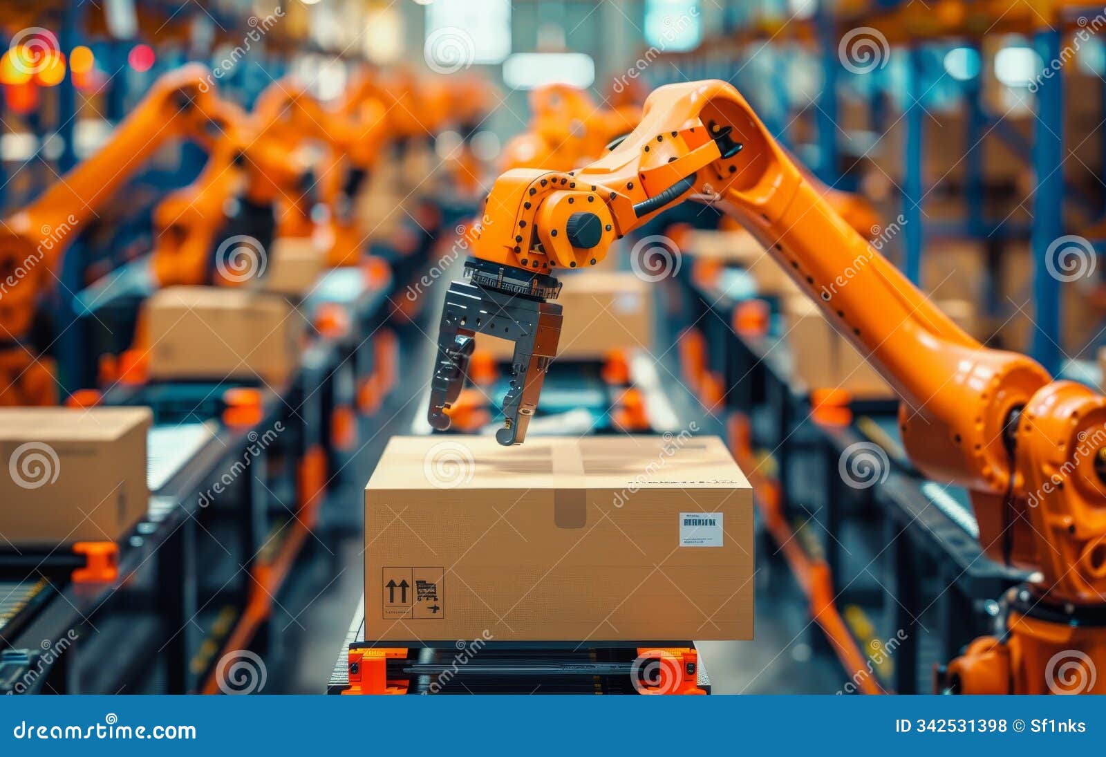 Robotic Arms on a Conveyor Belt Efficiently Sorting and Packaging Boxes ...