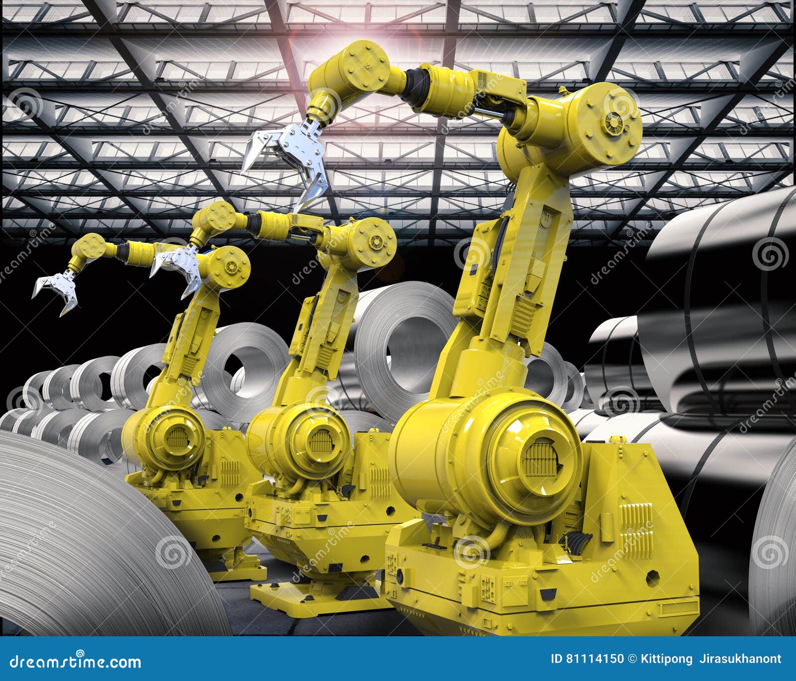 Robotic Arms with Roll of Steel Sheets Stock Photo - Image of ...