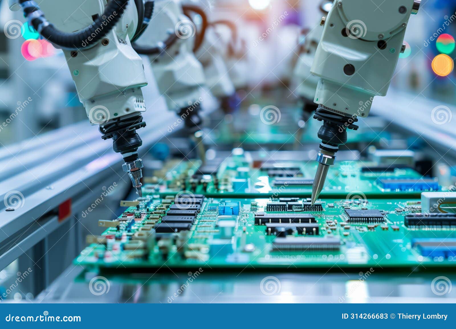 Robotic Arms Working In Line On An Automated Assembly Line Inside A