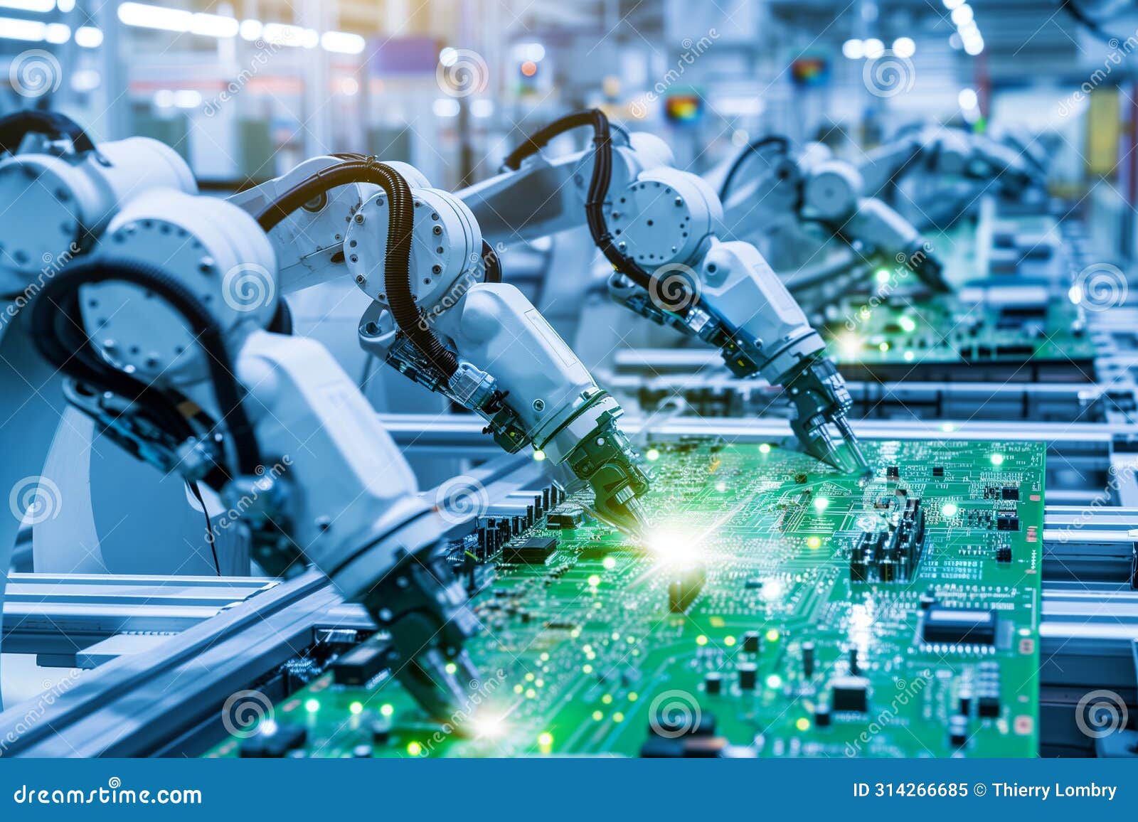 Robotic Arms Working In Line On An Automated Assembly Line Inside A