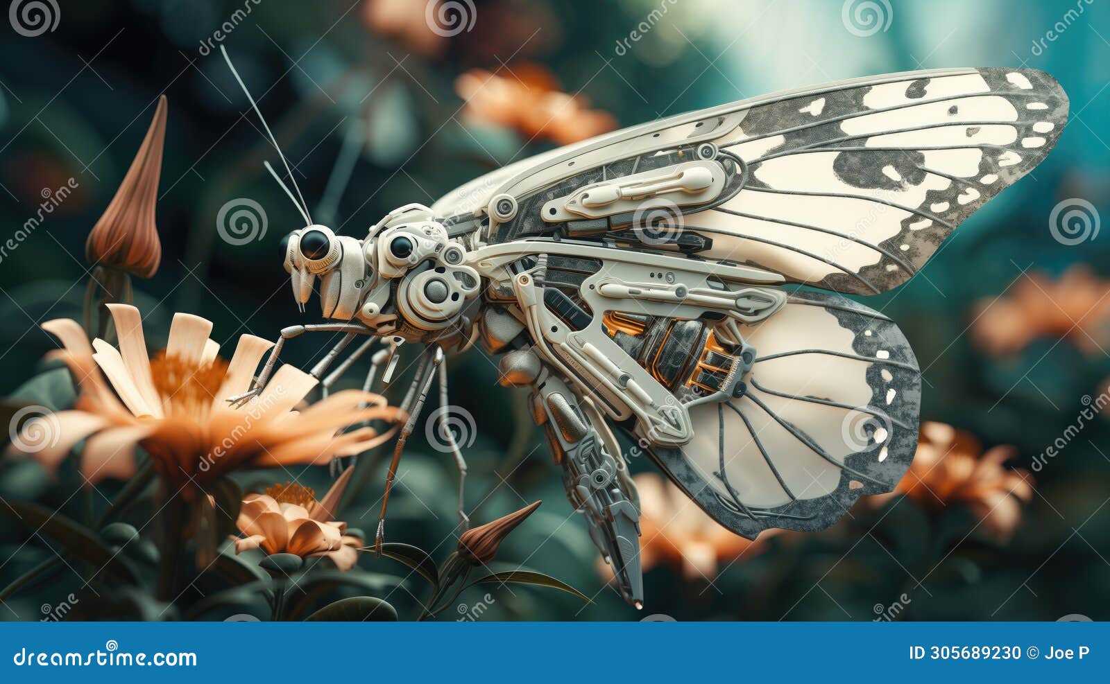 Robotic Artificial Butterfly Pollinating A Flower. Representation Of A ...