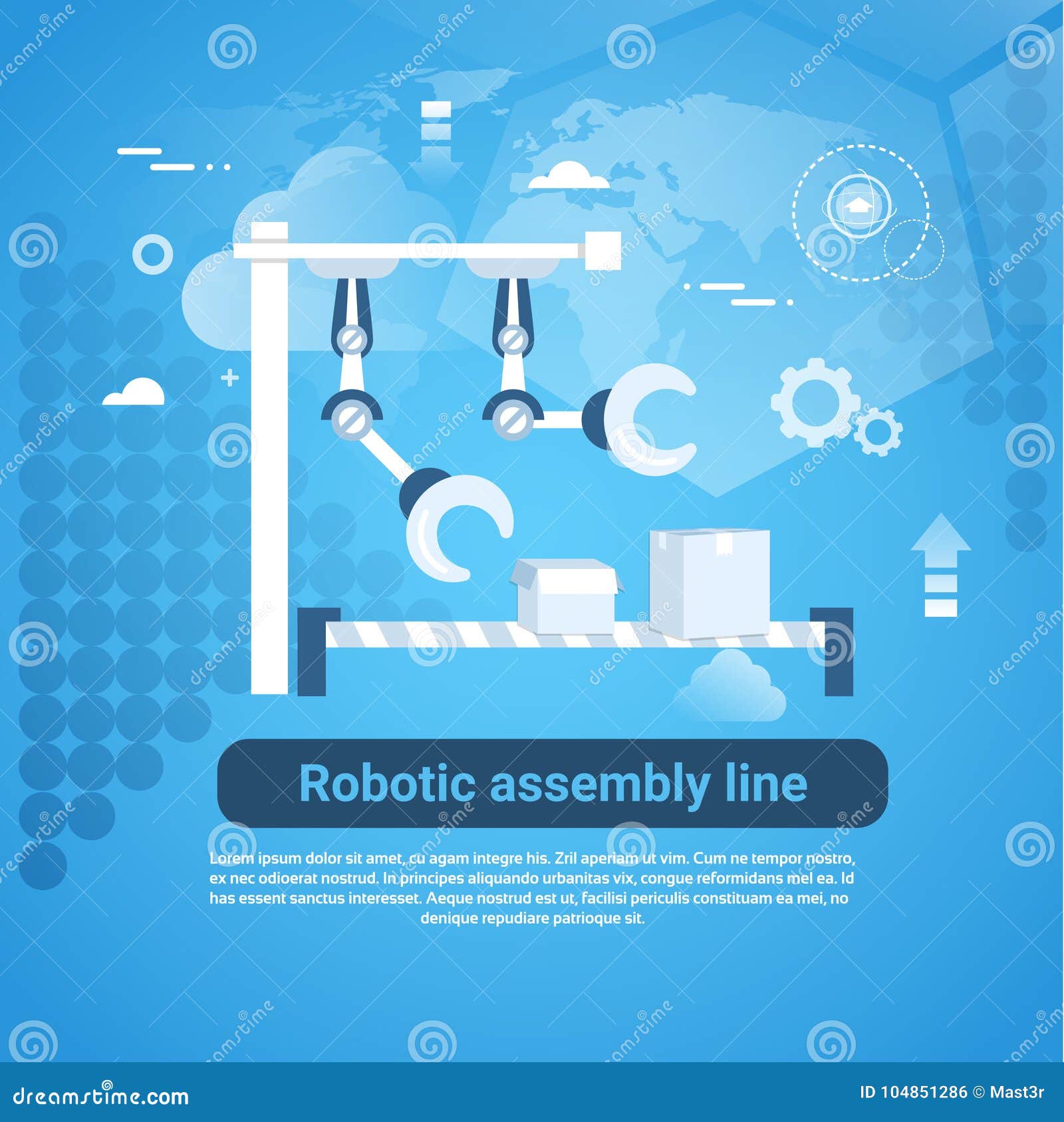 Robotic Assembly Line Web Banner with Copy Space on Blue Background ...